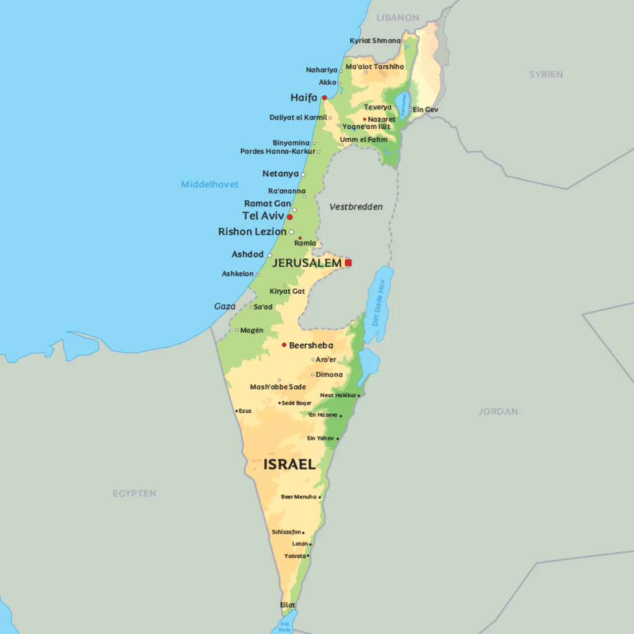 Kort over Israel - Se blandt andet placeringen af hovedstaden Jerusalem ...
