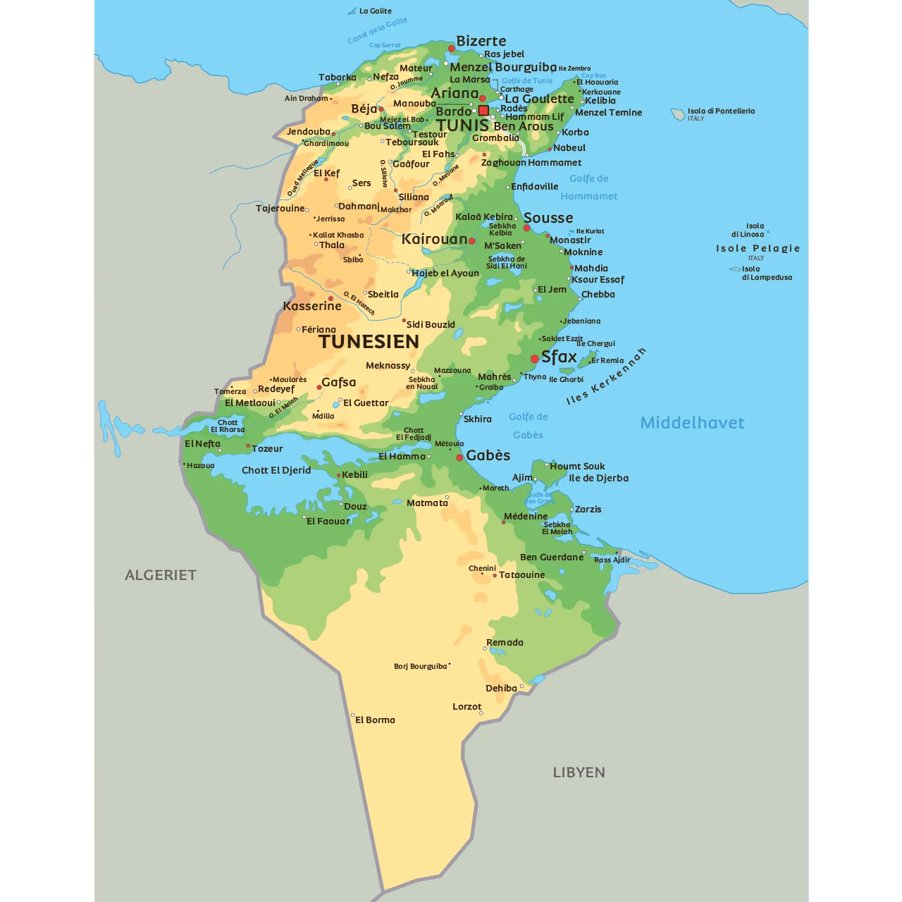Kort over Tunesien - Se eksempelvis placeringen af hovedstaden Tunis og ...