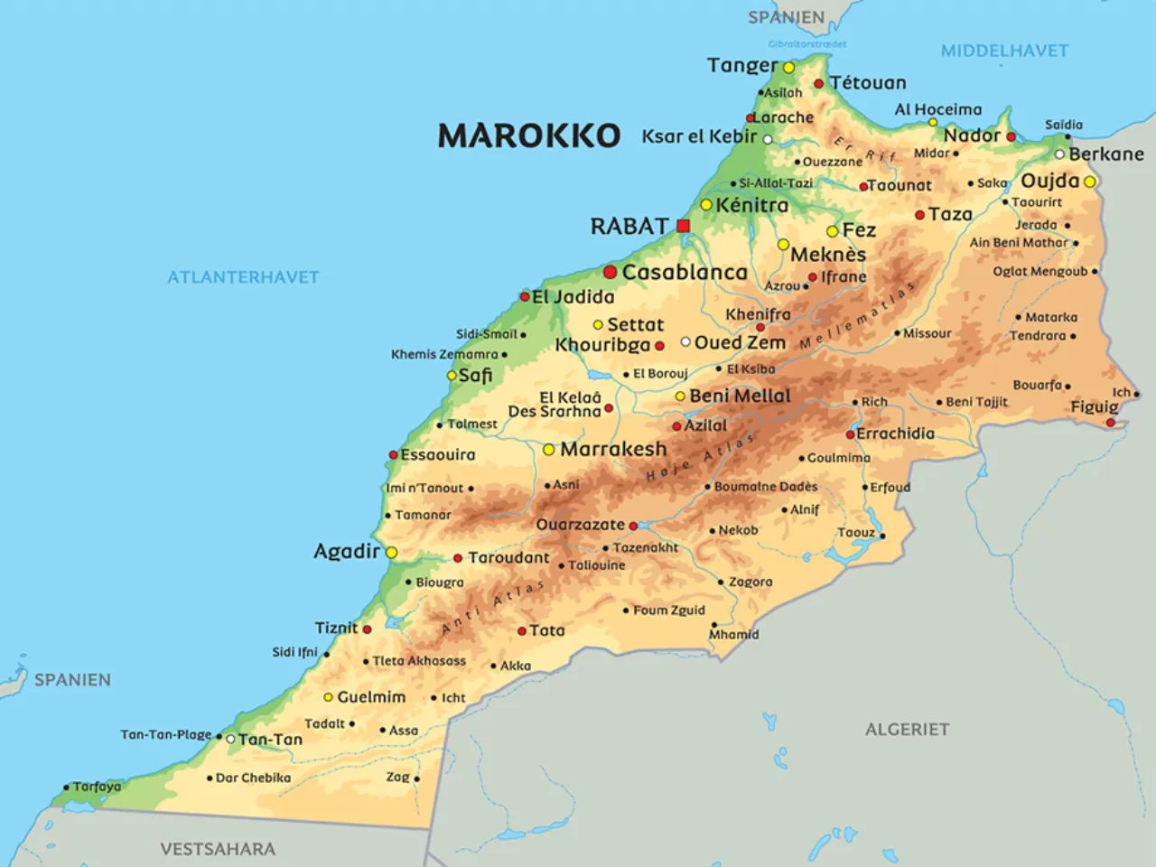 Kort over Marokko - Se eksempelvis beliggenheden af Casablanca, Rabat ...