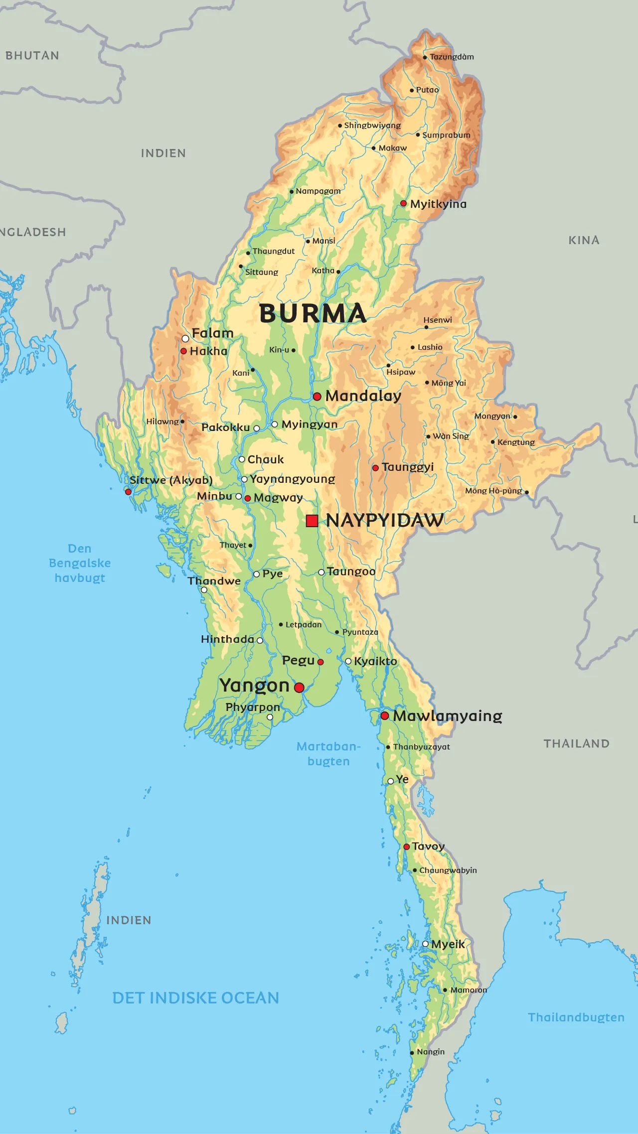 Kort over Burma - Se blandt andet placeringen af hovedstaden Naypyidaw ...