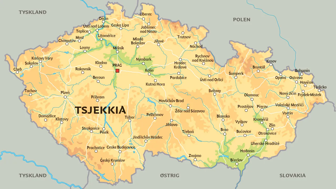 Kort over Tjekkiet - Se eksempelvis placeringen af hovedstaden Prag ...