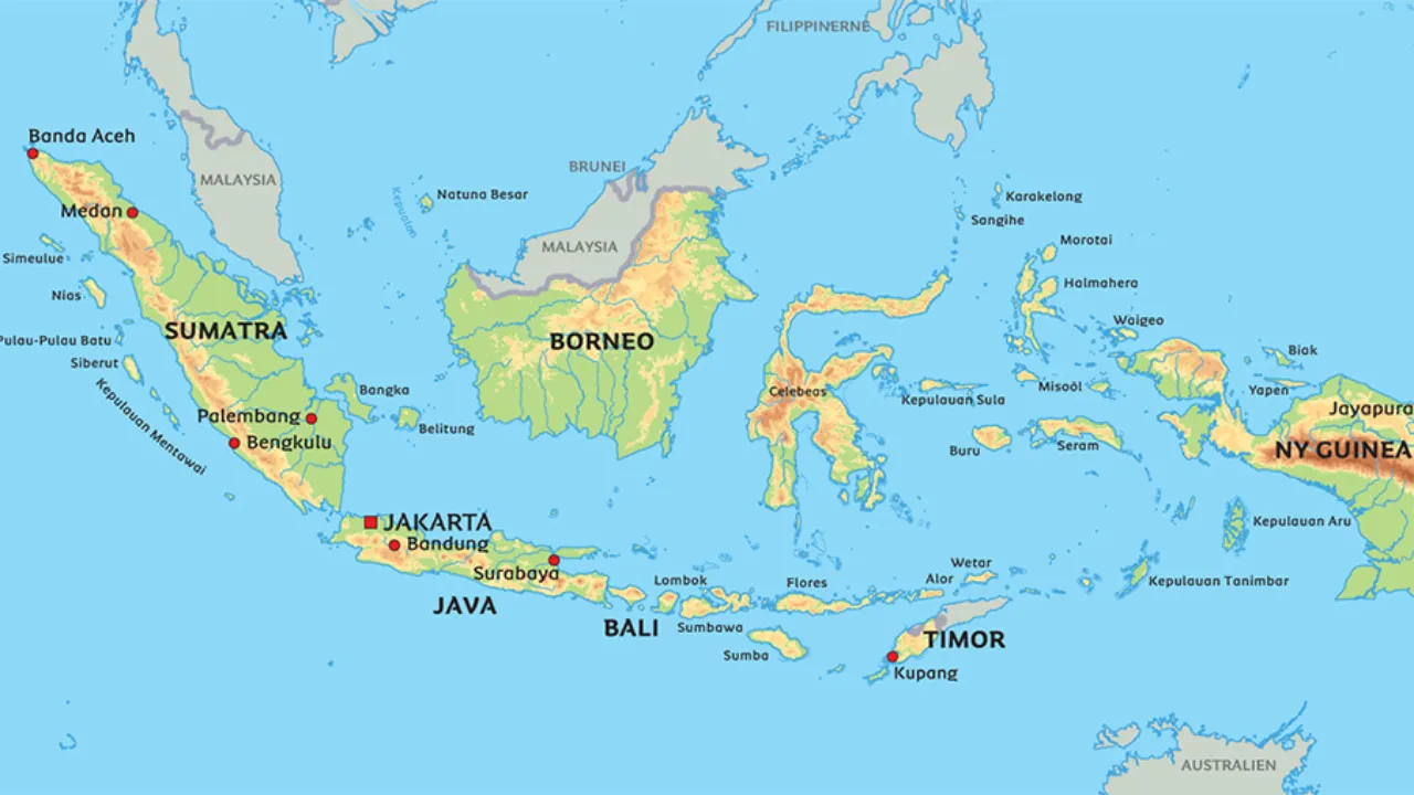 Kort over Indonesien - Se,hvor hovedstaden Jakarta ligger på øen Java ...